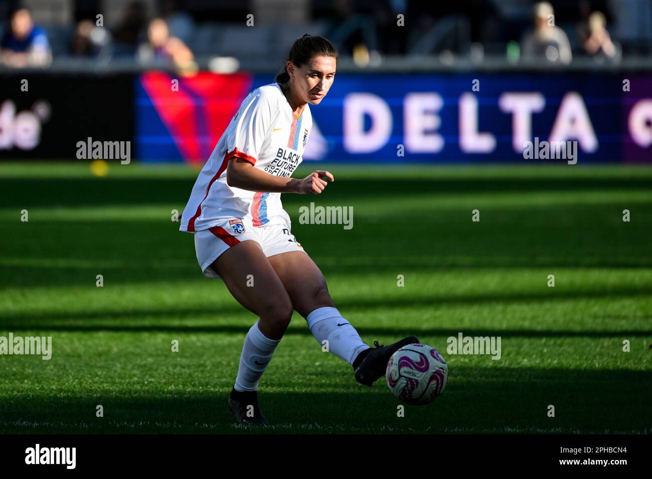 OL Reign midfielder Olivia Van Der Jagt (33) kicks the ball during the ...