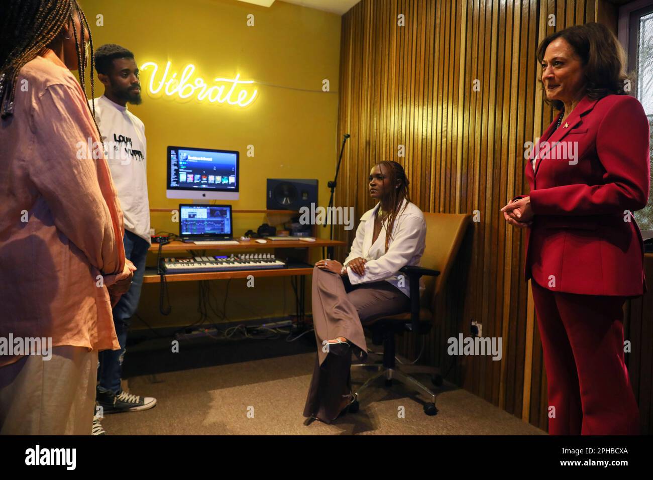US Vice President Kamala Harris, right, meets Ghana singer Ama Serwah ...