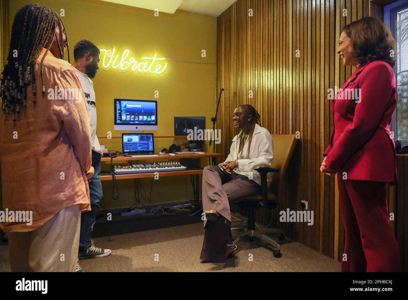 US Vice President Kamala Harris, right, meets Ghana singer Ama Serwah ...