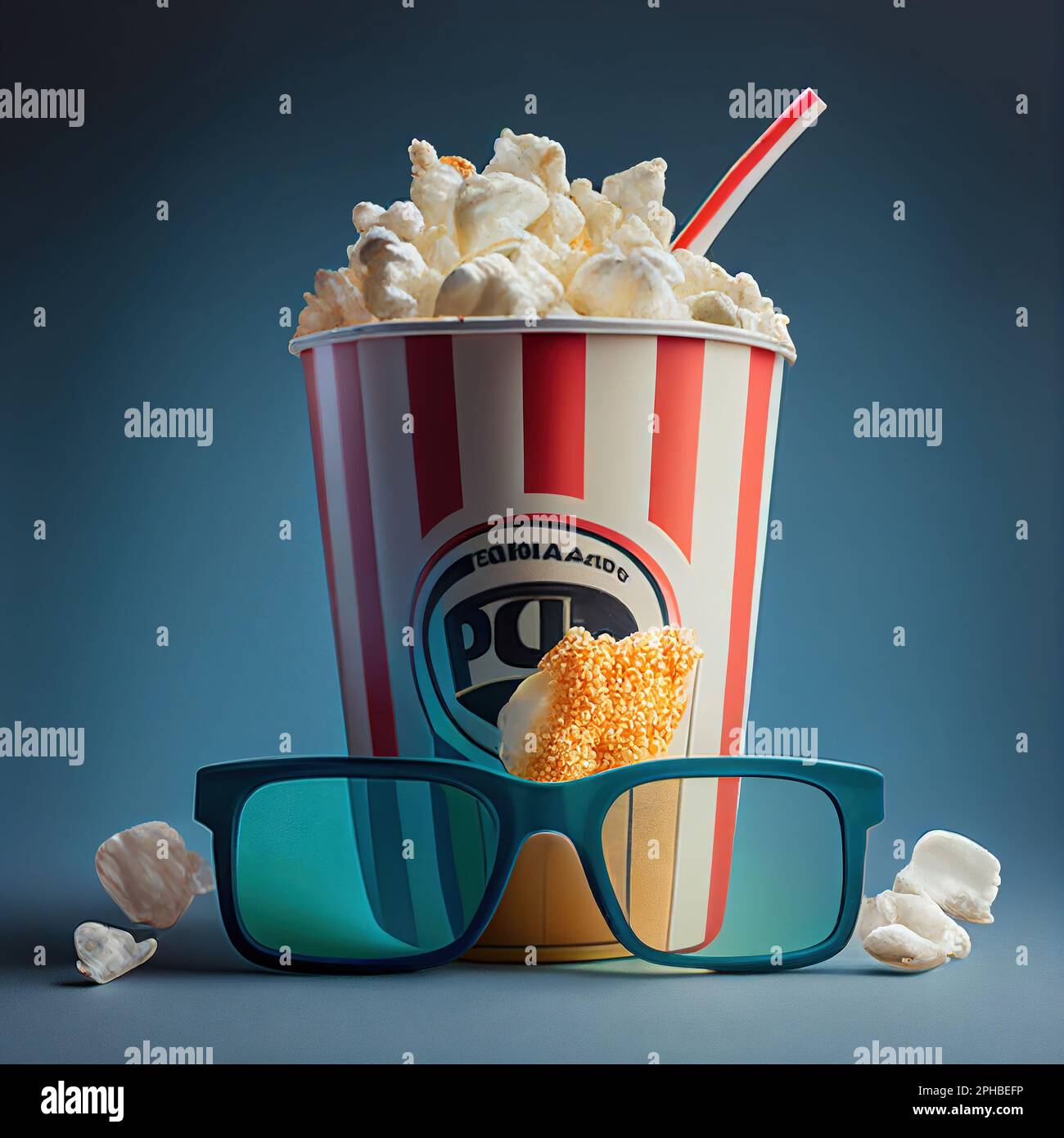 bucket of popcorn with glasses image in sky blue background Stock Photo ...