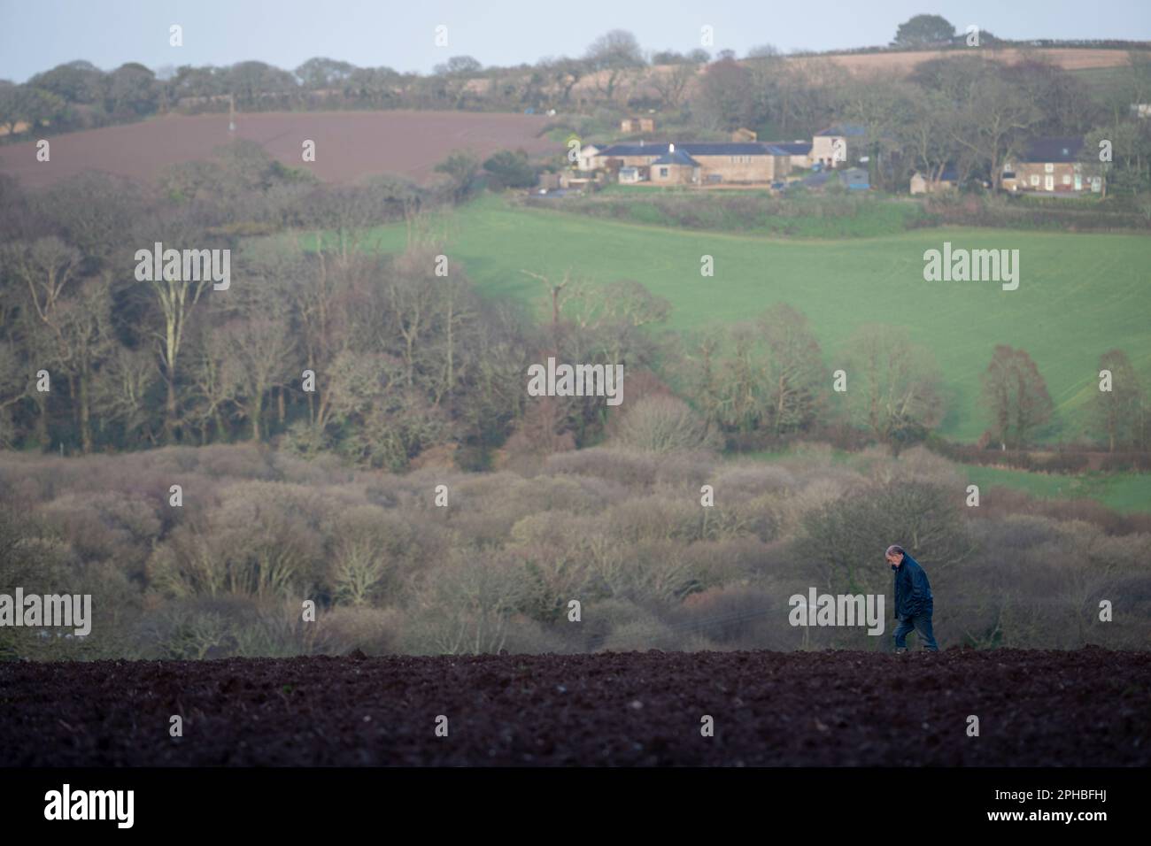A man walks over ploughed land near the Cornish village of Mawnan Smith ...