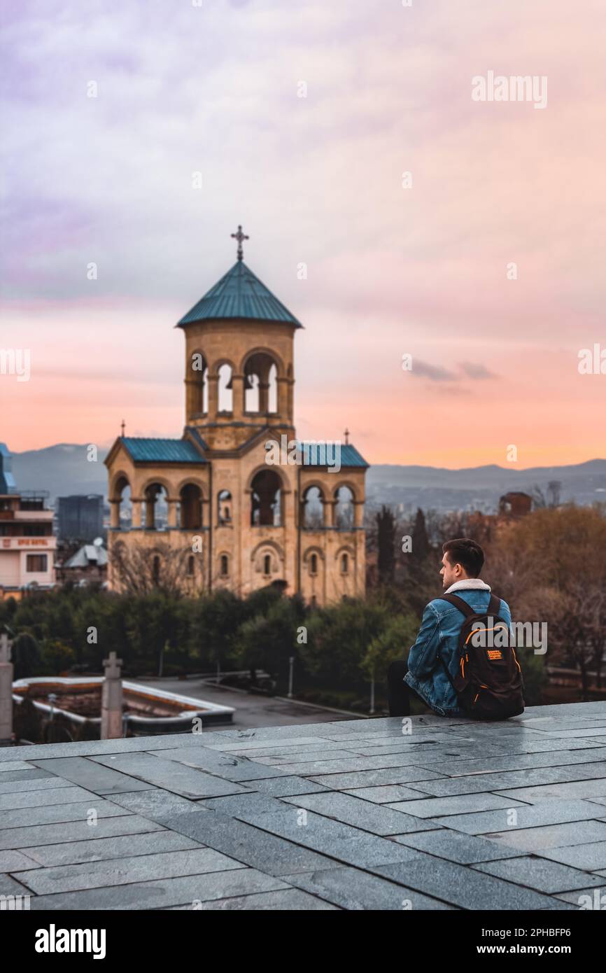 Sunset outside The Holy Trinity Cathedral of Tbilisi the main cathedral ...