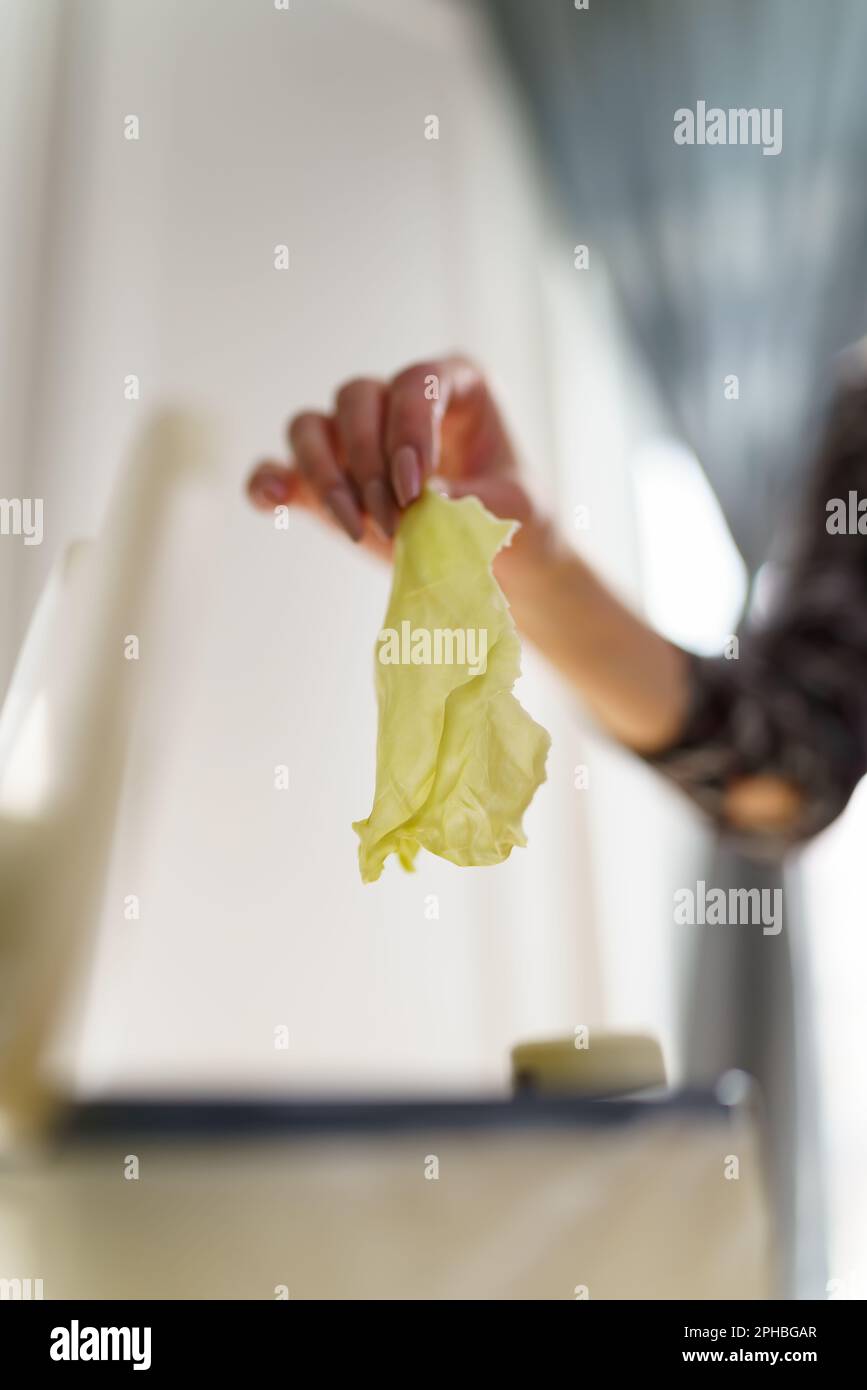 Woman throwing cabbage leaf into composter bin. Female recycling ...