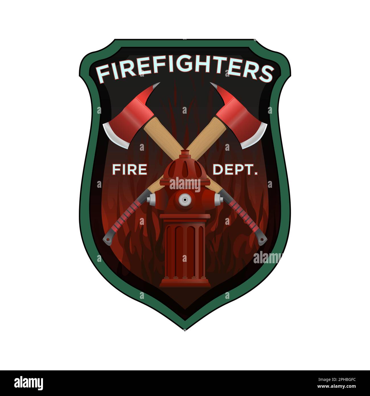 Firefighter Badge in realistic style. Firefighter axes and hydrant on ...
