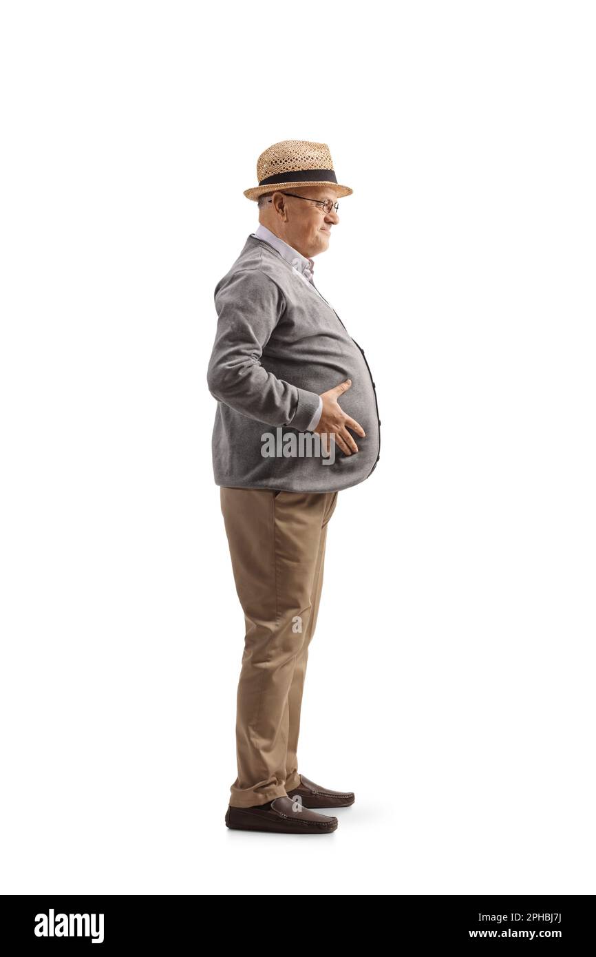 Full length profile shot of a senior man holding his big belly isolated ...