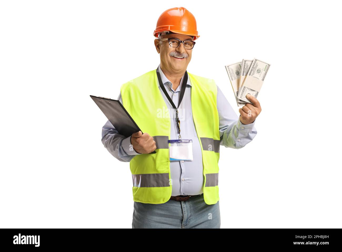 Mature male engineer with a safety vest holding money isolated on white ...