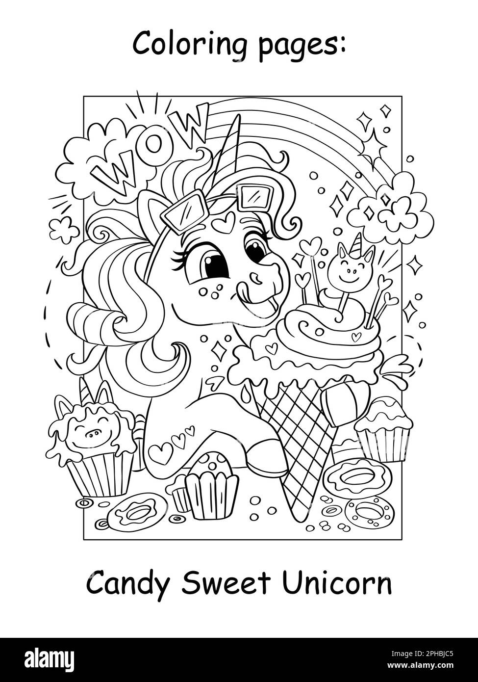Cute beautiful unicorn girl eats tasty ice cream with lettering wow ...