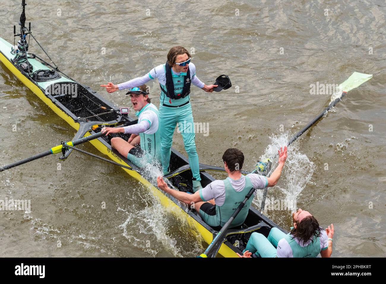 Boat Race 2023. Cambridge cox Jasper Parish celebrating the team's win ...