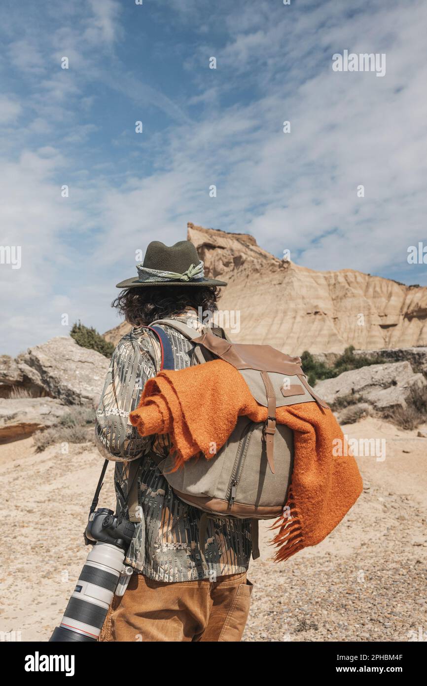 Man backpack standing desert dune looking view hi-res stock photography ...