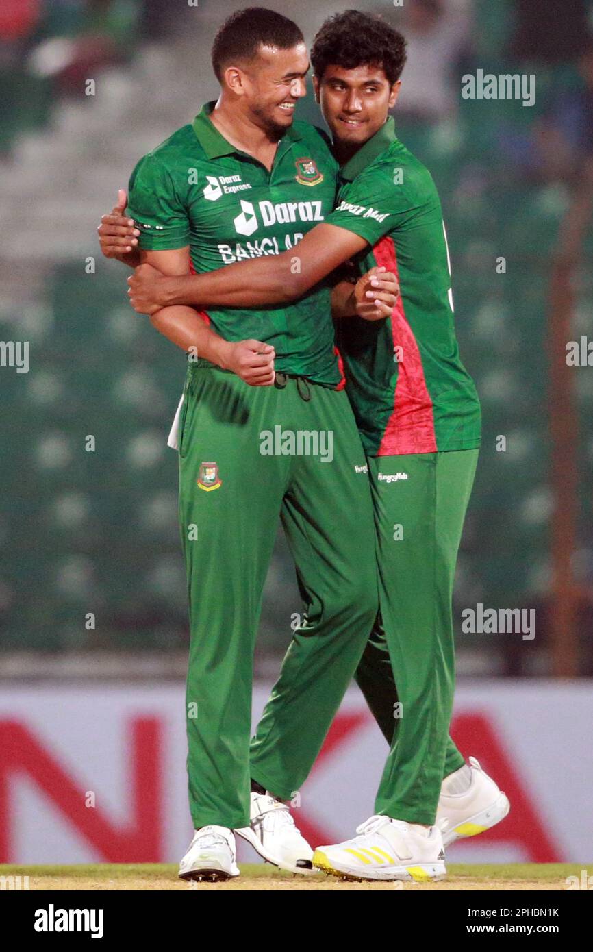 Taskin Ahmed celebrates along his teammates one of his four wickets as ...