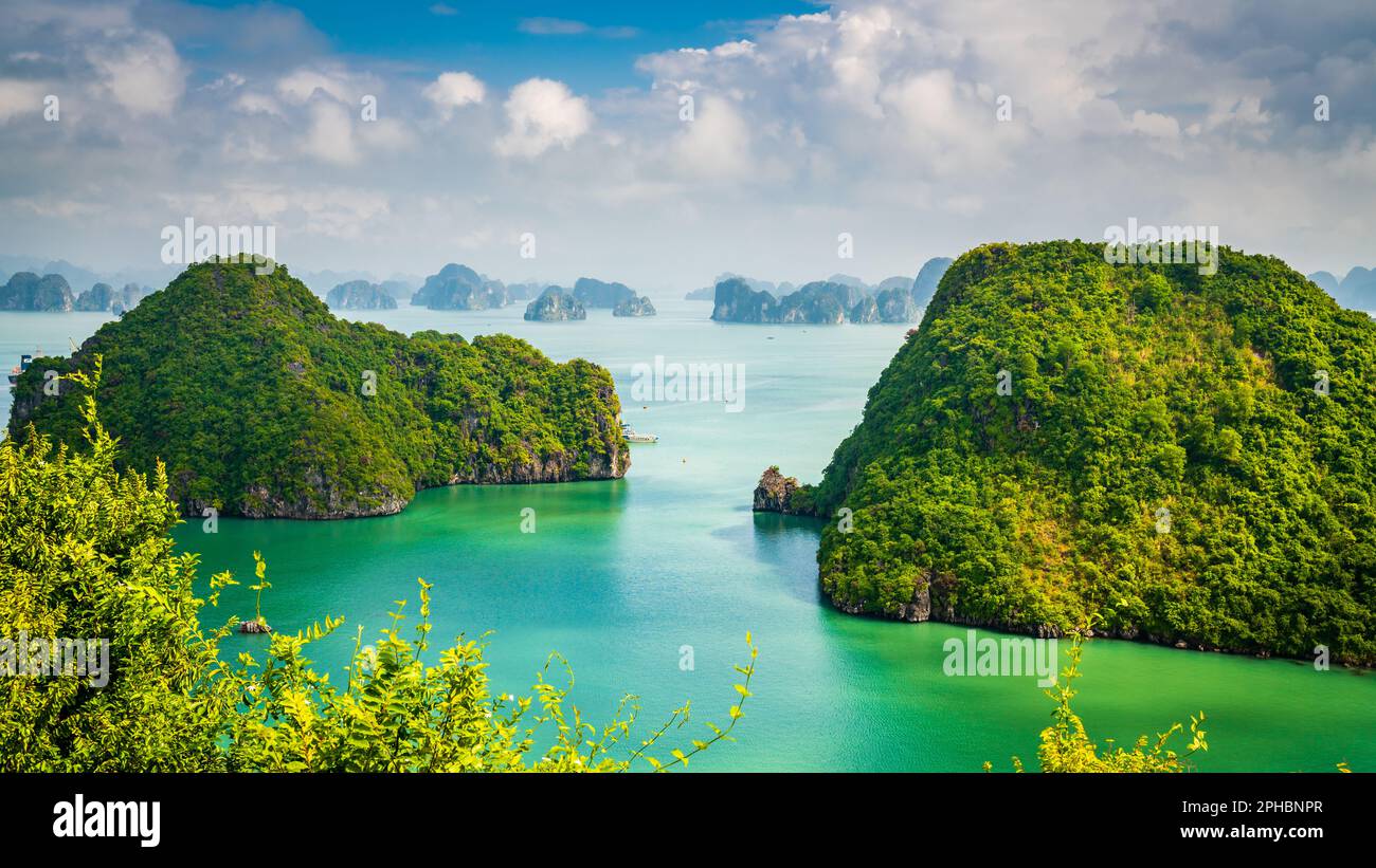 Beautiful limestone karst islands of Ha Long Bay in Vietnam. View from ...