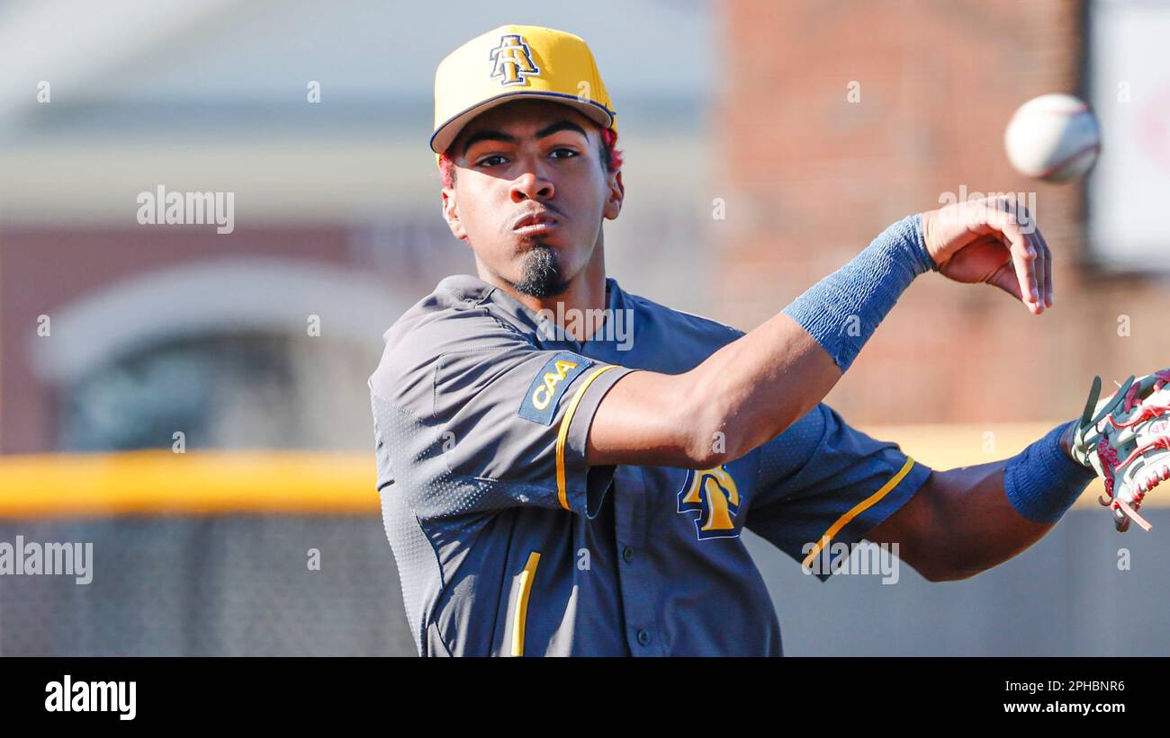 N.C. A&T infielder Tre Williams throws before an NCAA baseball game ...