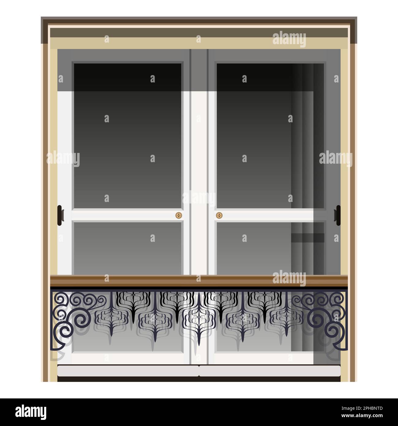 Window with forged railings. Wooden door with small windows. Marble ...