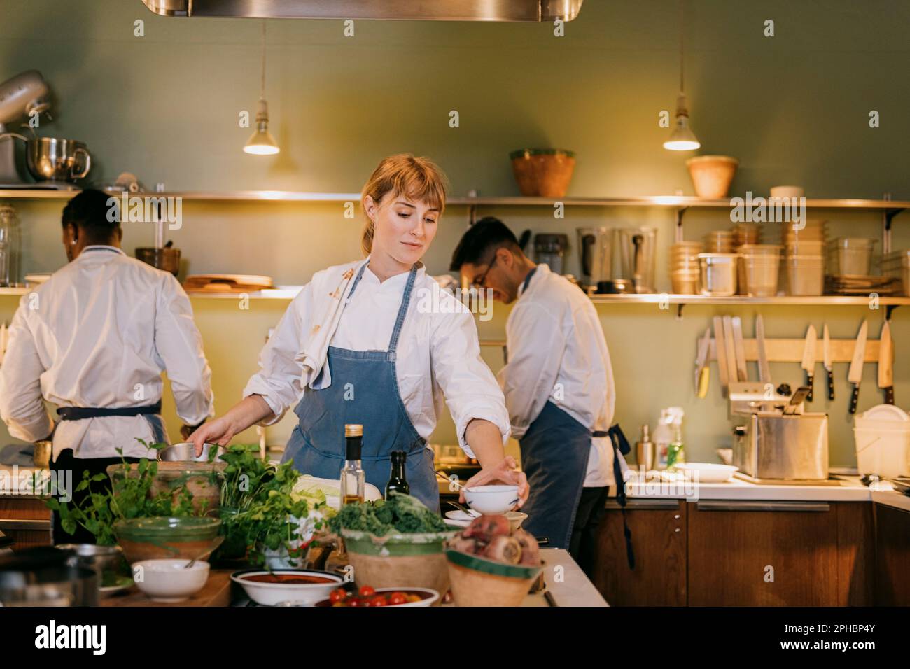 Young female chef preparing food with colleagues in commercial kitchen ...
