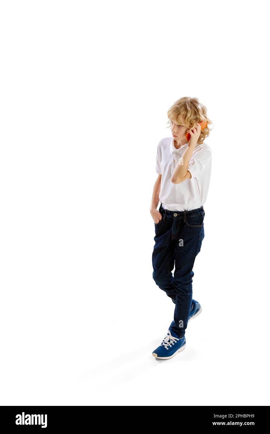 Isometric view. Little boy, child with blonde hair in shirt walkign and ...