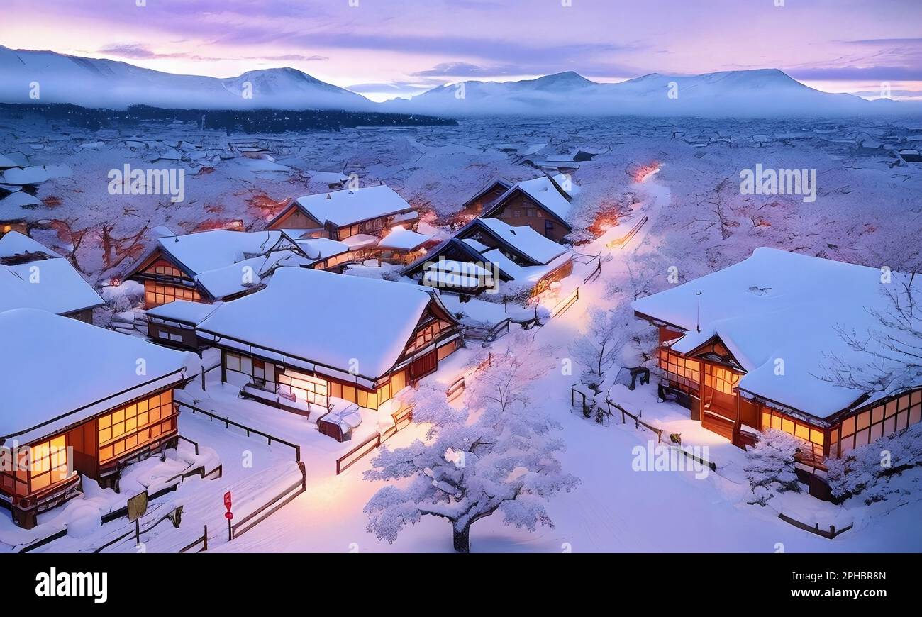 Japan, winter, night view, winter village, aerial view, Japanese temple ...