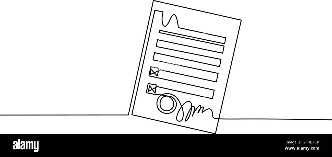 Document contract paper with stamp and signature. Continuous one line ...