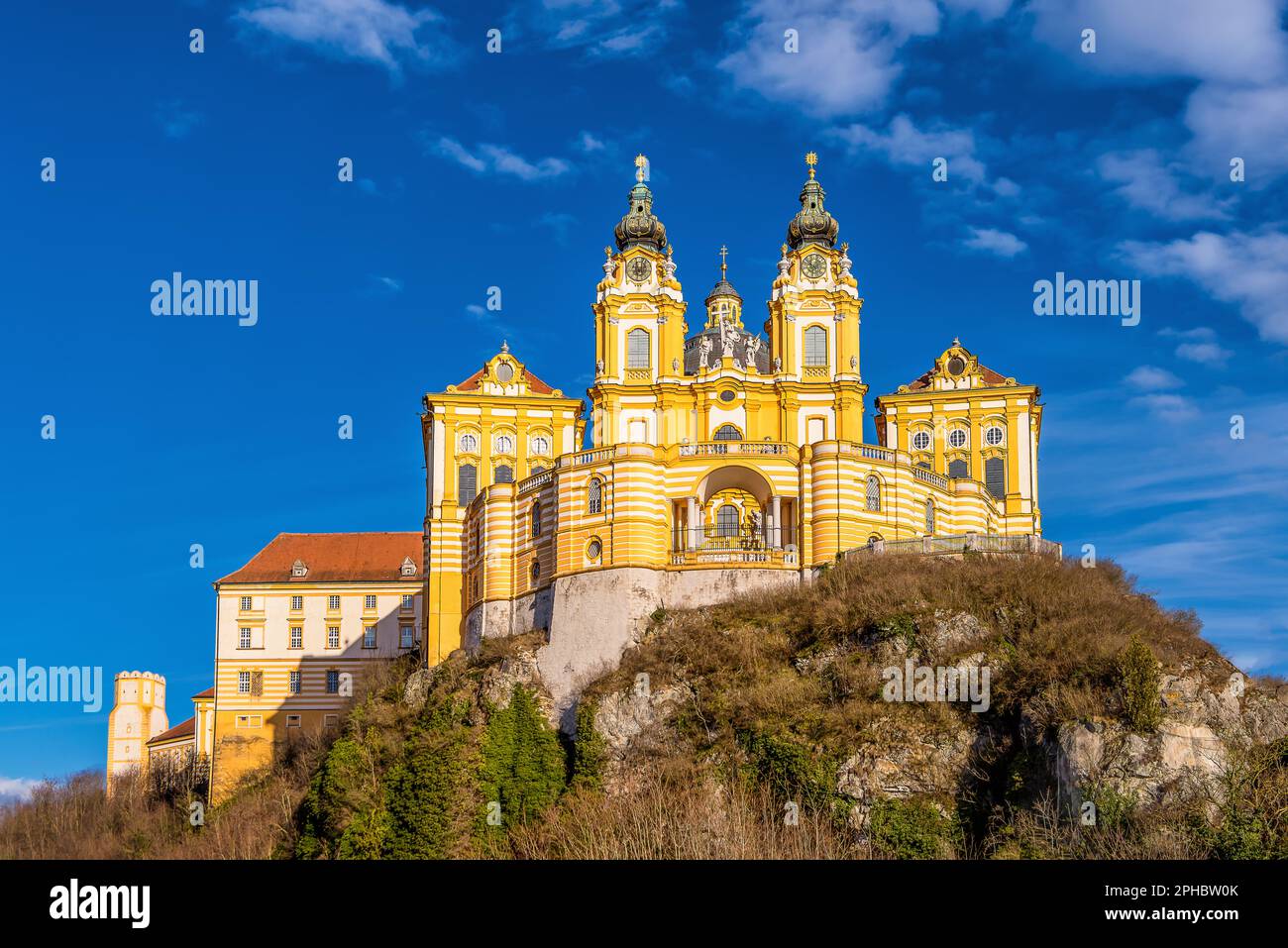 Scenic view of Melk Abbey in Austria against dramatic winter sky Stock ...