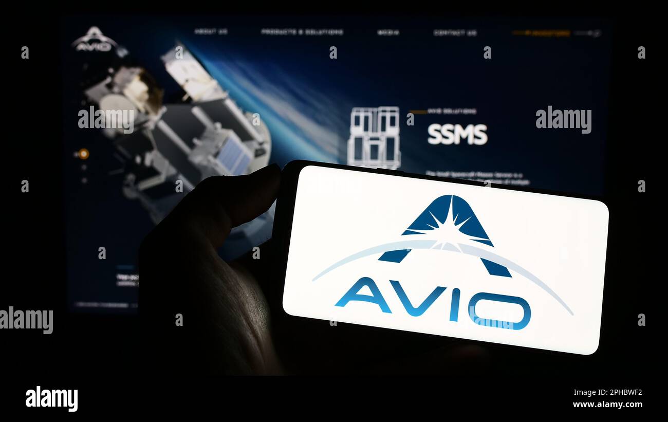 Person holding cellphone with logo of Italian aerospace company Avio ...
