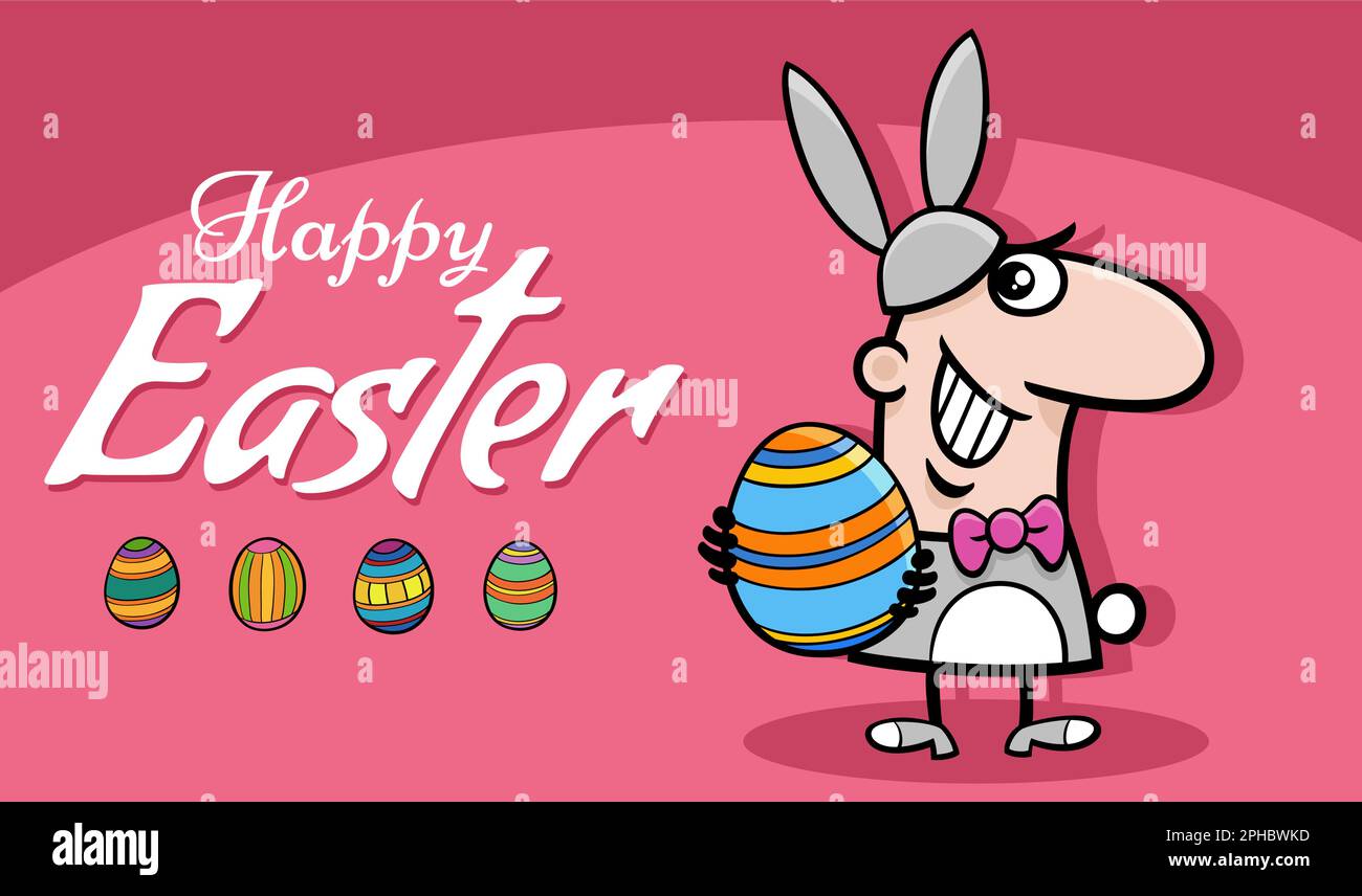 Cartoon illustration of funny man in Easter Bunny costume with Easter ...