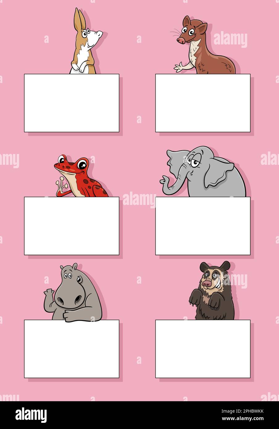 Cartoon illustration of funny animals with white cards or banners ...