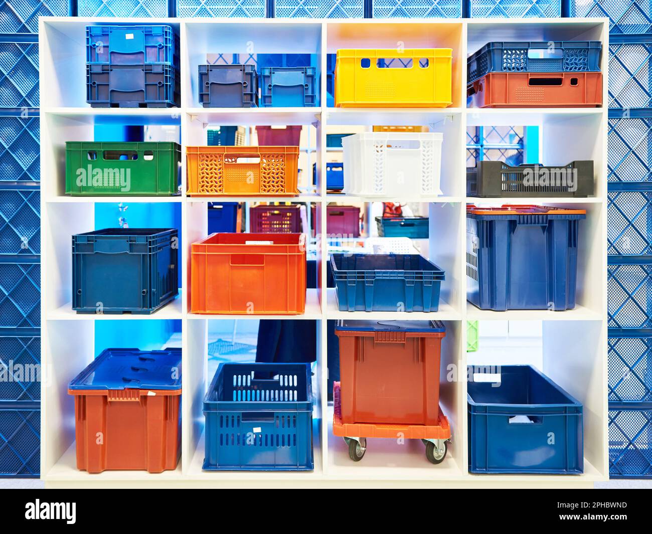 Plastic boxes for transportation of goods and trade on showcase Stock ...