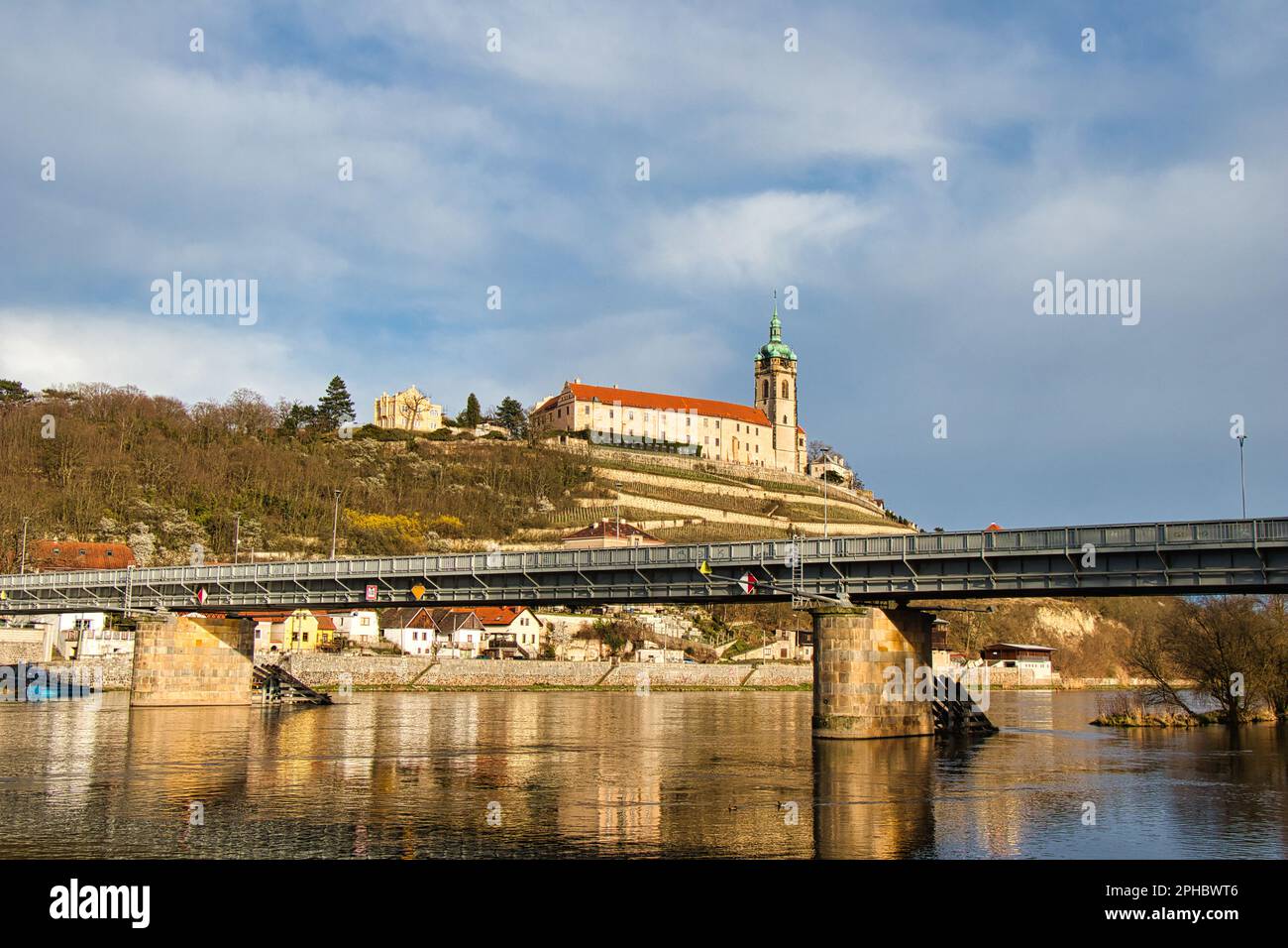 Iron bridge over river Labe, Melnik chateau in behind Stock Photo - Alamy