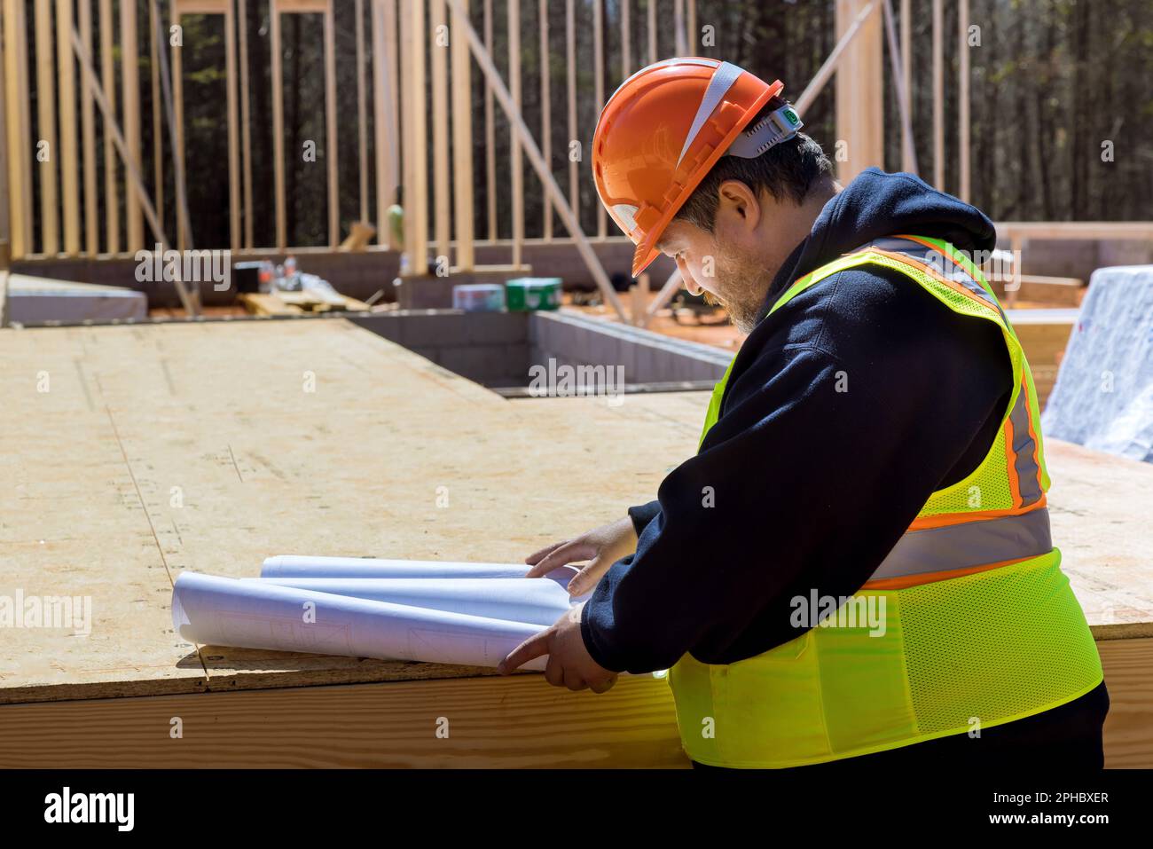During construction process architectural engineer checks quality of ...