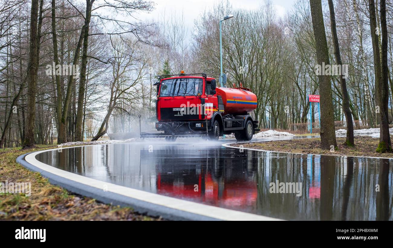 Minsk, Belarus - April 08, 2022: Cleaning sweeper machine washes the ...