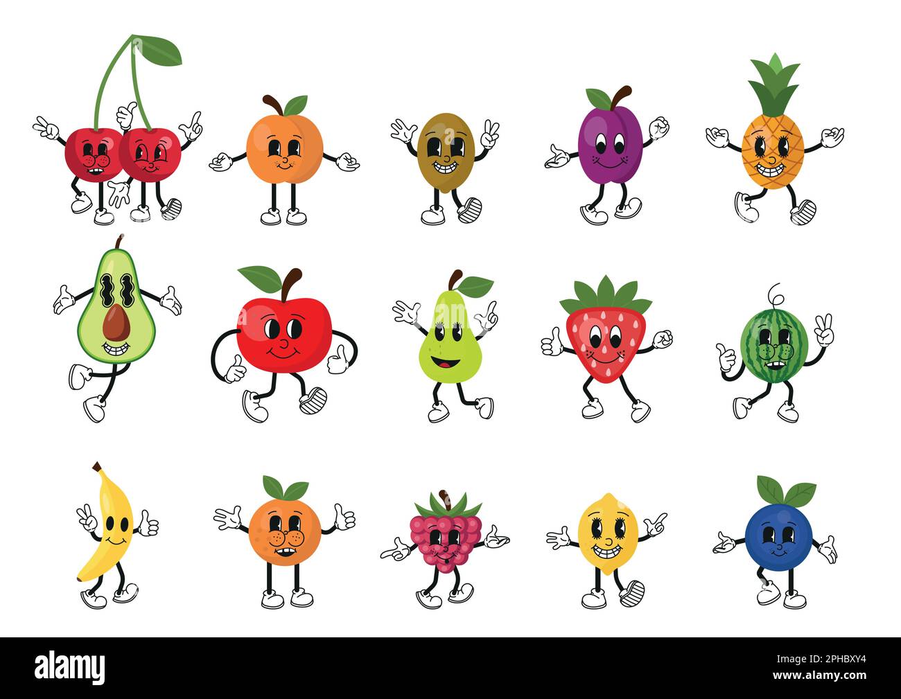 Set retro cartoon fruit characters. Modern illustration with cute ...