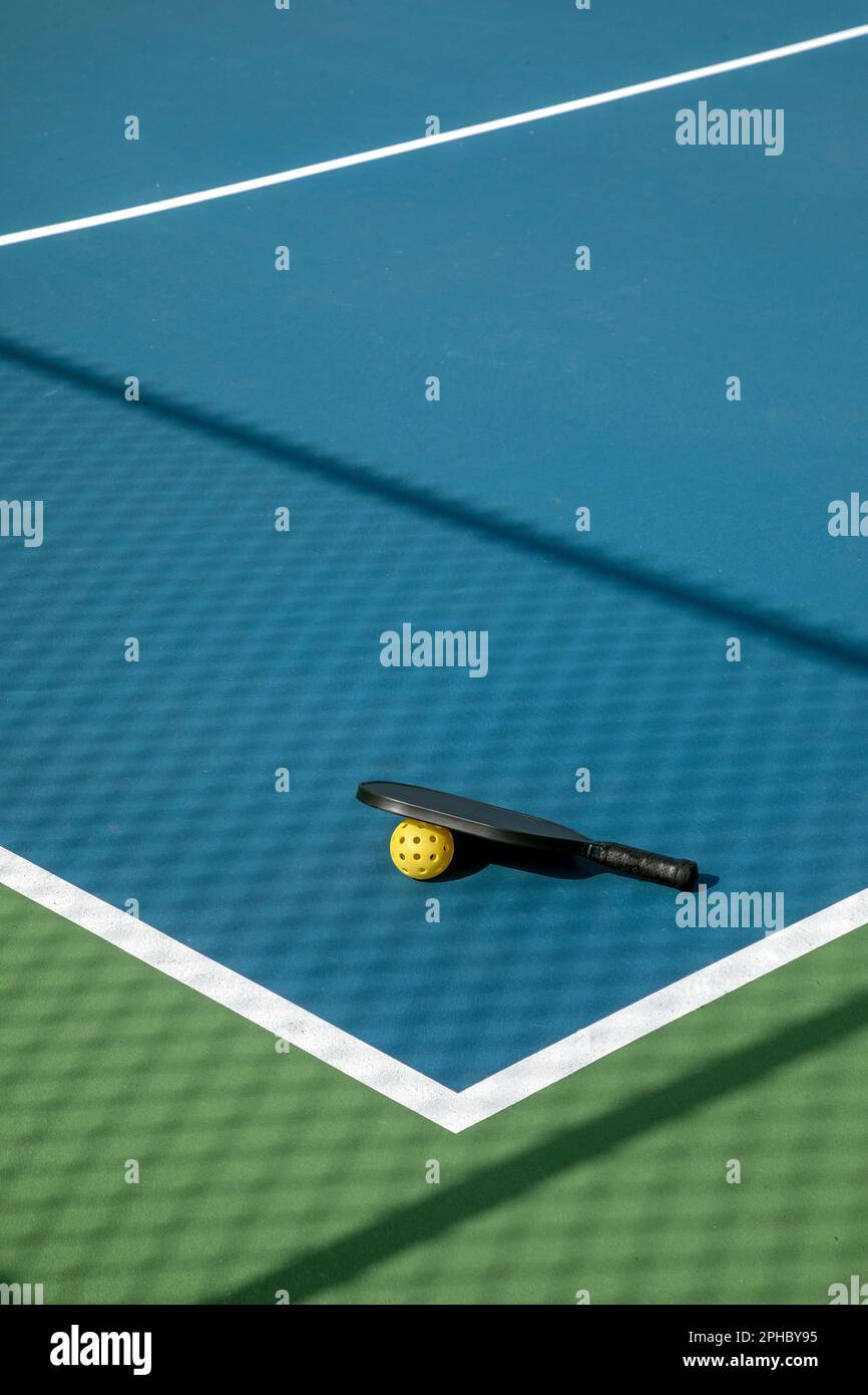 View of a pickleball paddle and yellow ball on a blue and green court ...