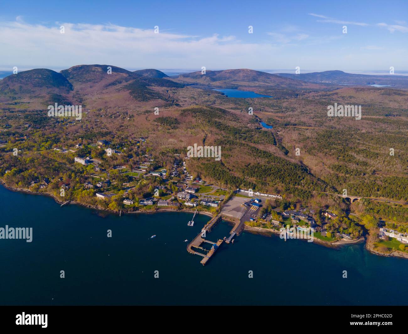 Bar Harbor Ferry Terminal aerial view with Cadillac Mountain in Acadia ...