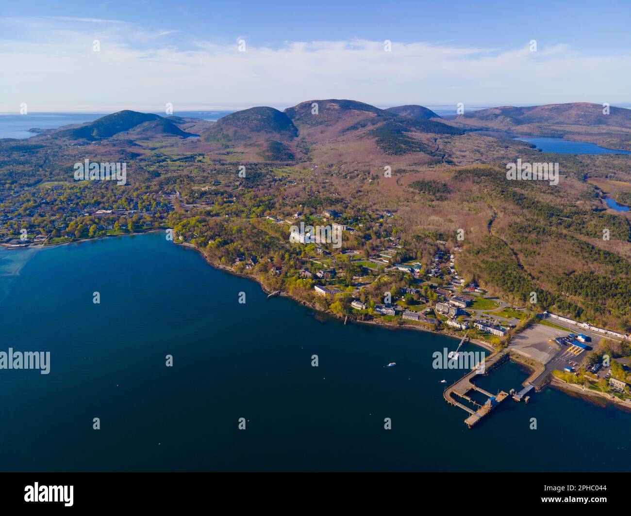 Bar Harbor Ferry Terminal aerial view with Cadillac Mountain in Acadia ...