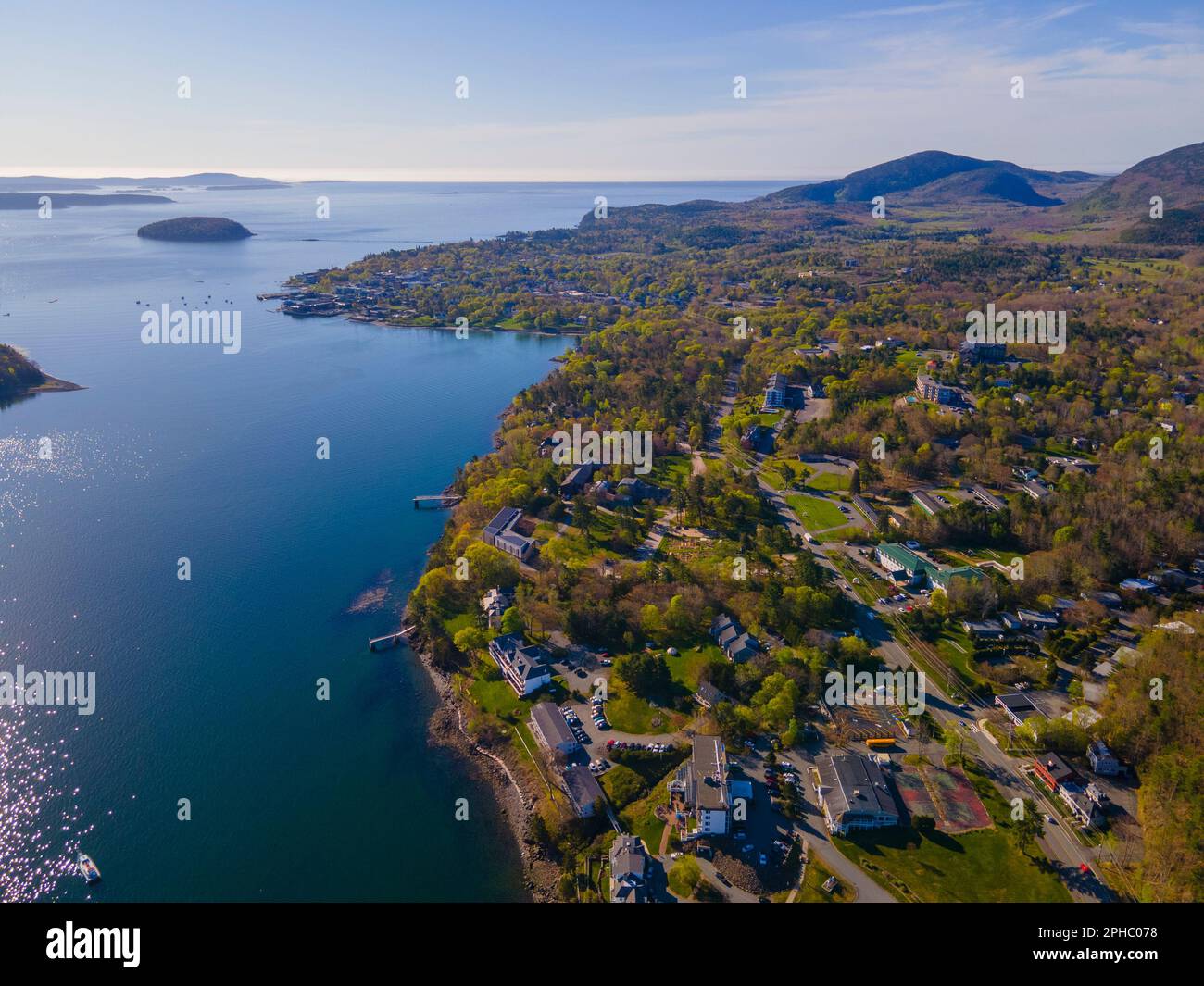 Bar Harbor Ferry Terminal aerial view with Cadillac Mountain in Acadia ...