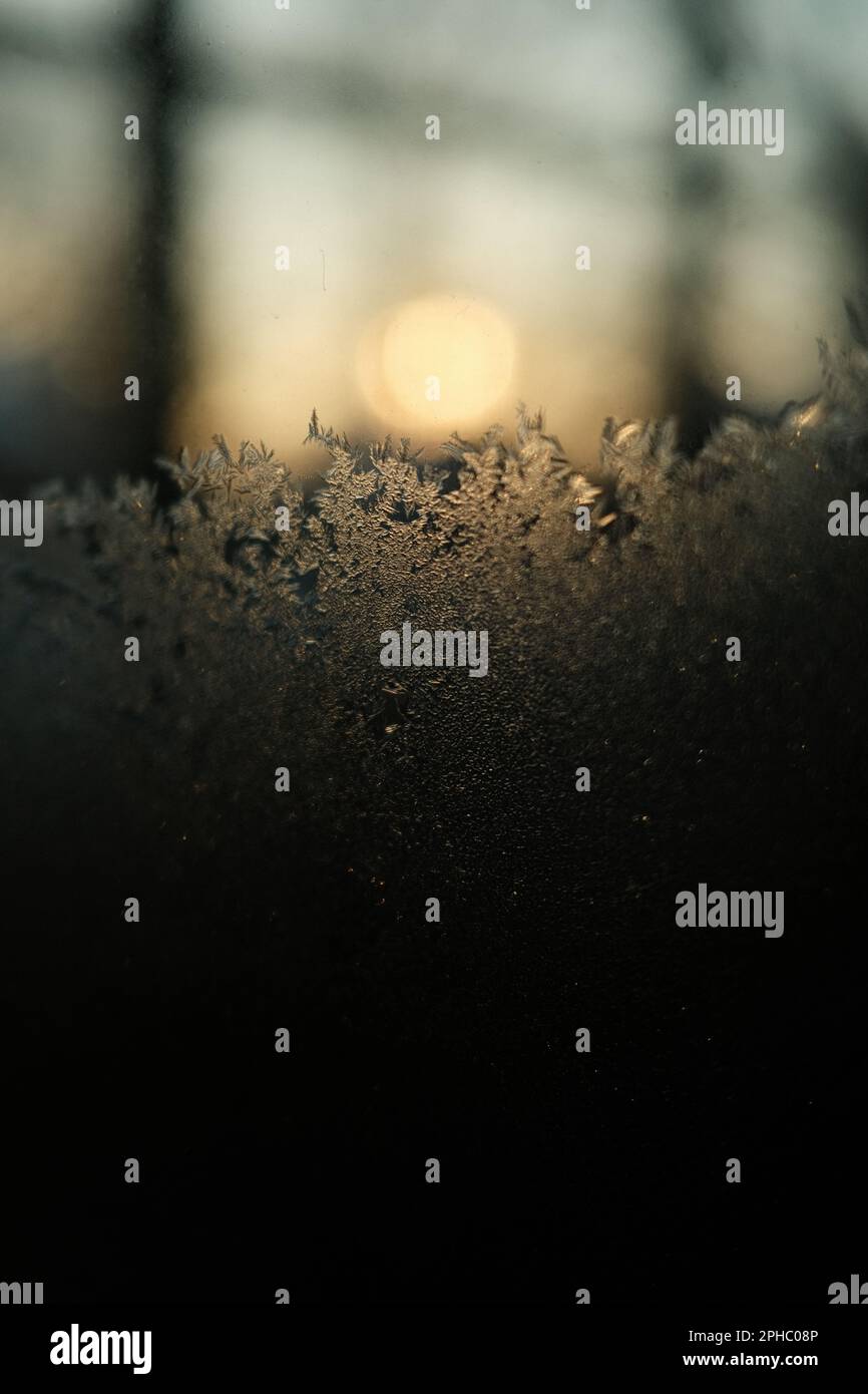 A vertical closeup of a window covered in frost, highlighting the ...