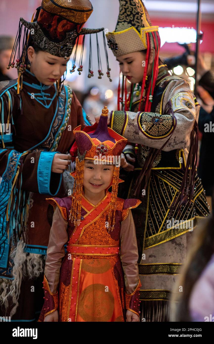 Moscow, Russia. 26th of March, 2023. People dressed in Tuvan national ...