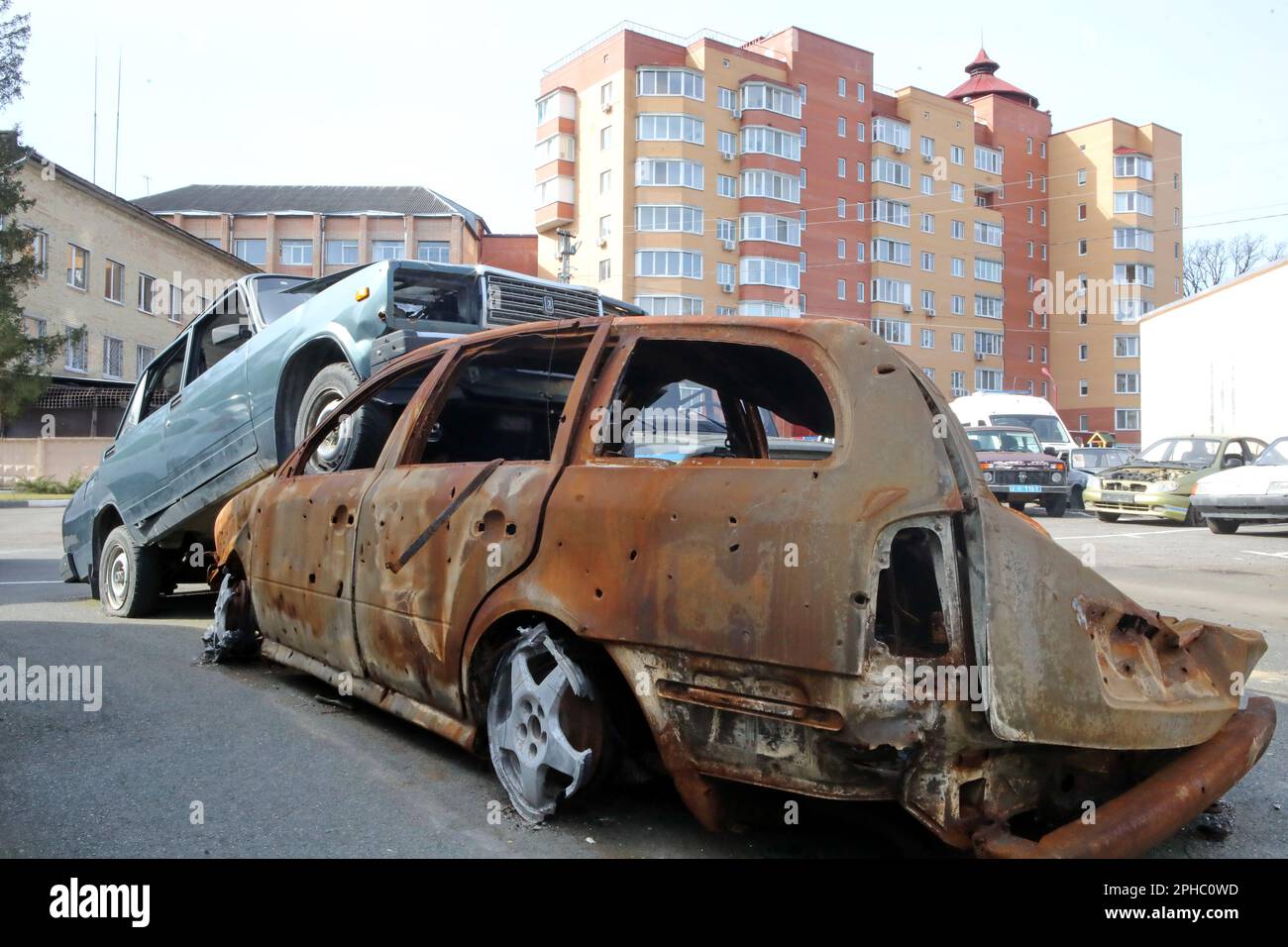 BOIARKA, UKRAINE - MARCH 27, 2023 - Police cars that were shot at and ...