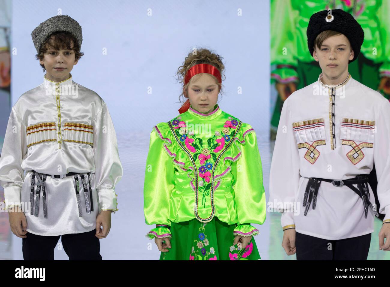 Moscow, Russia. 26th of March, 2023. Models present Russian national ...