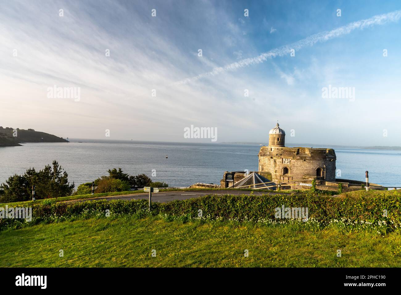 Panoramic view of Watch tower under a blue skyline in Cornwall UK Stock ...