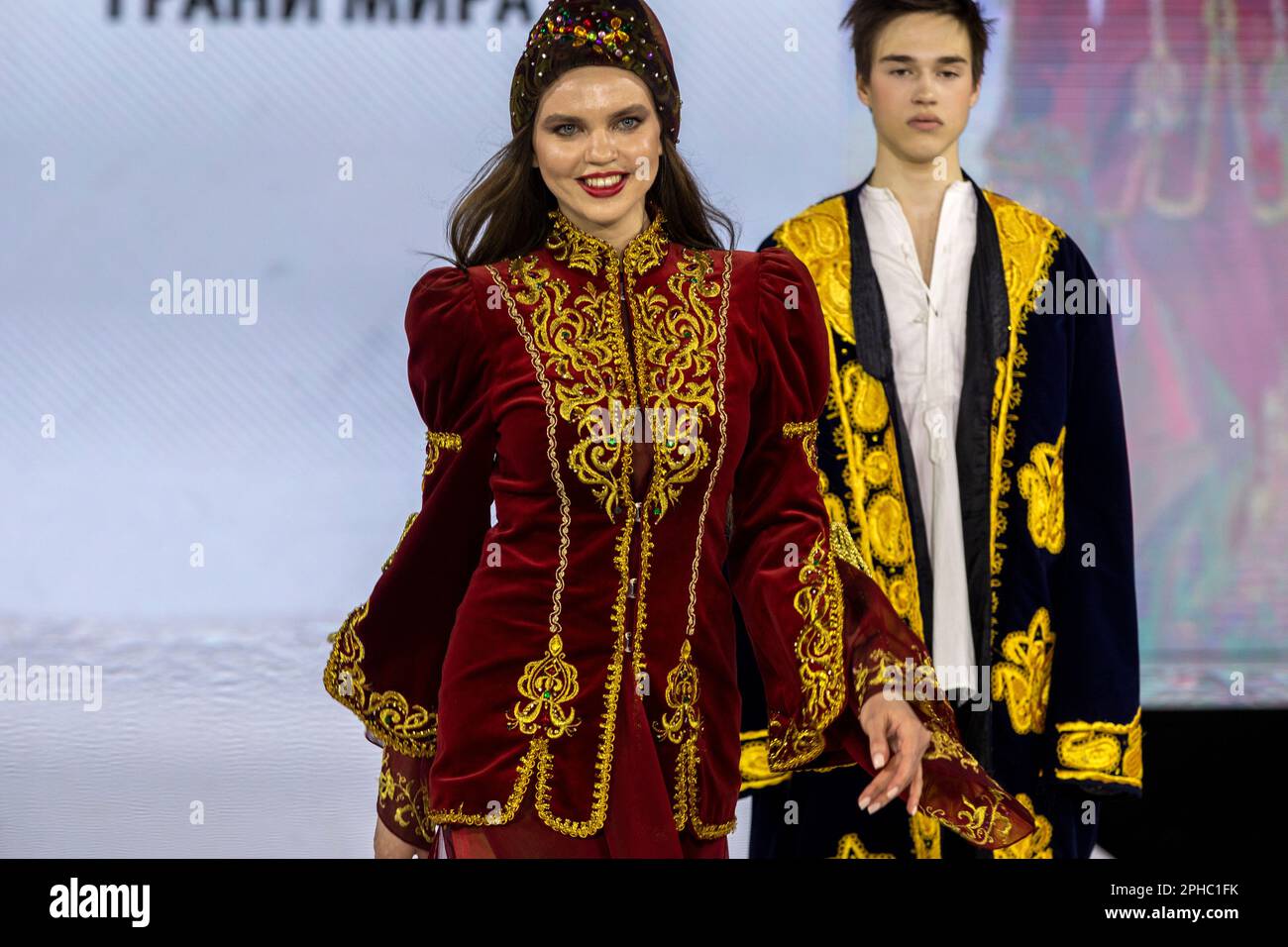 Moscow, Russia. 26th of March, 2023. Models present Tatar national ...