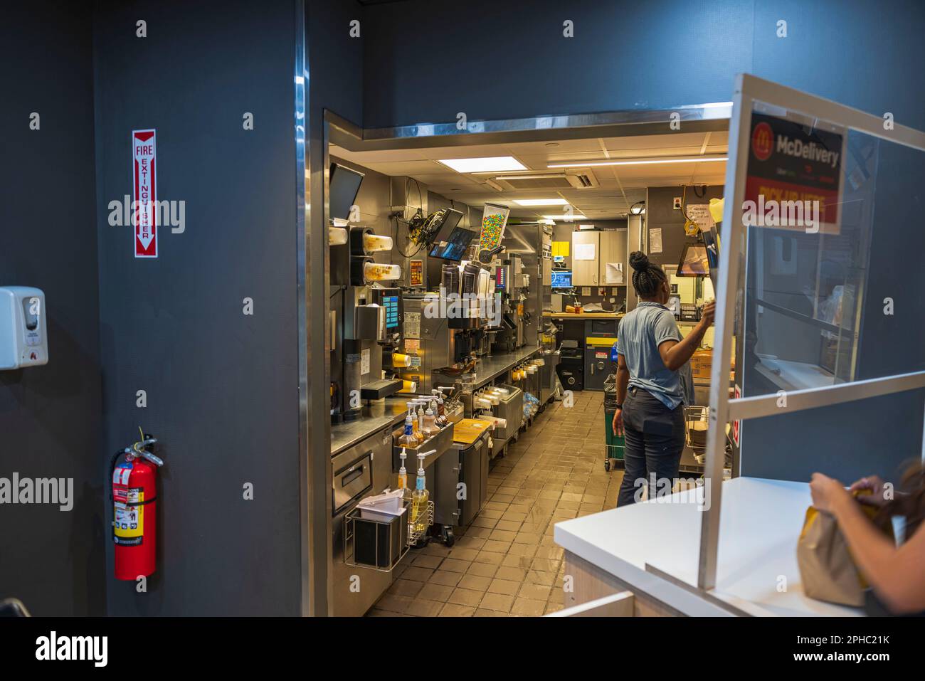 Interior view of McDonald's kitchen and delivery bank. New York. USA ...
