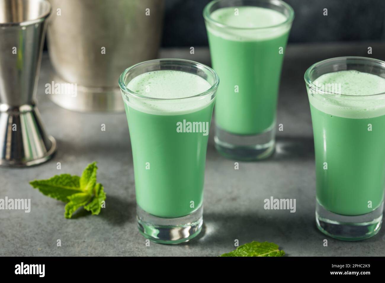 Boozy Cold Grasshopper Shots Cocktail Ready to Drink Stock Photo - Alamy