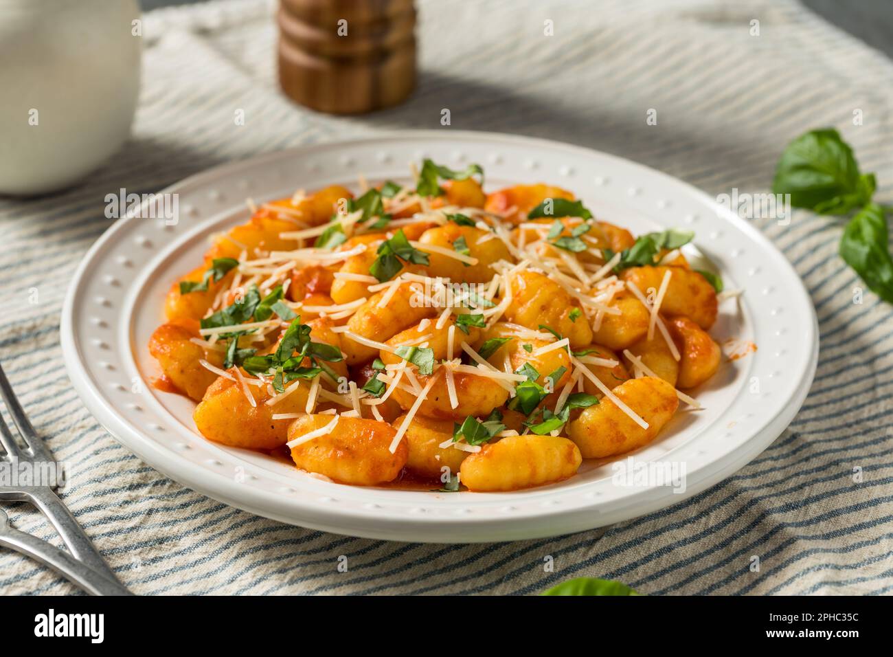 Homemade Italian Tomato Gnocchi Pasta with Cheese and Basil Stock Photo ...