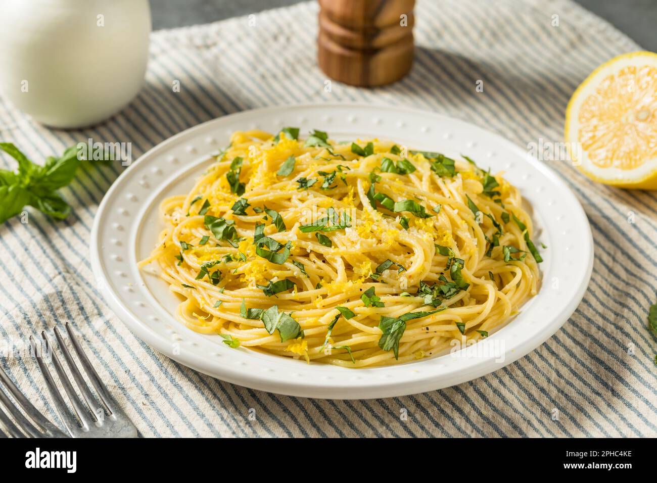 Healthy Homemade Italian Lemon Pasta with Cheese and Basil Stock Photo ...