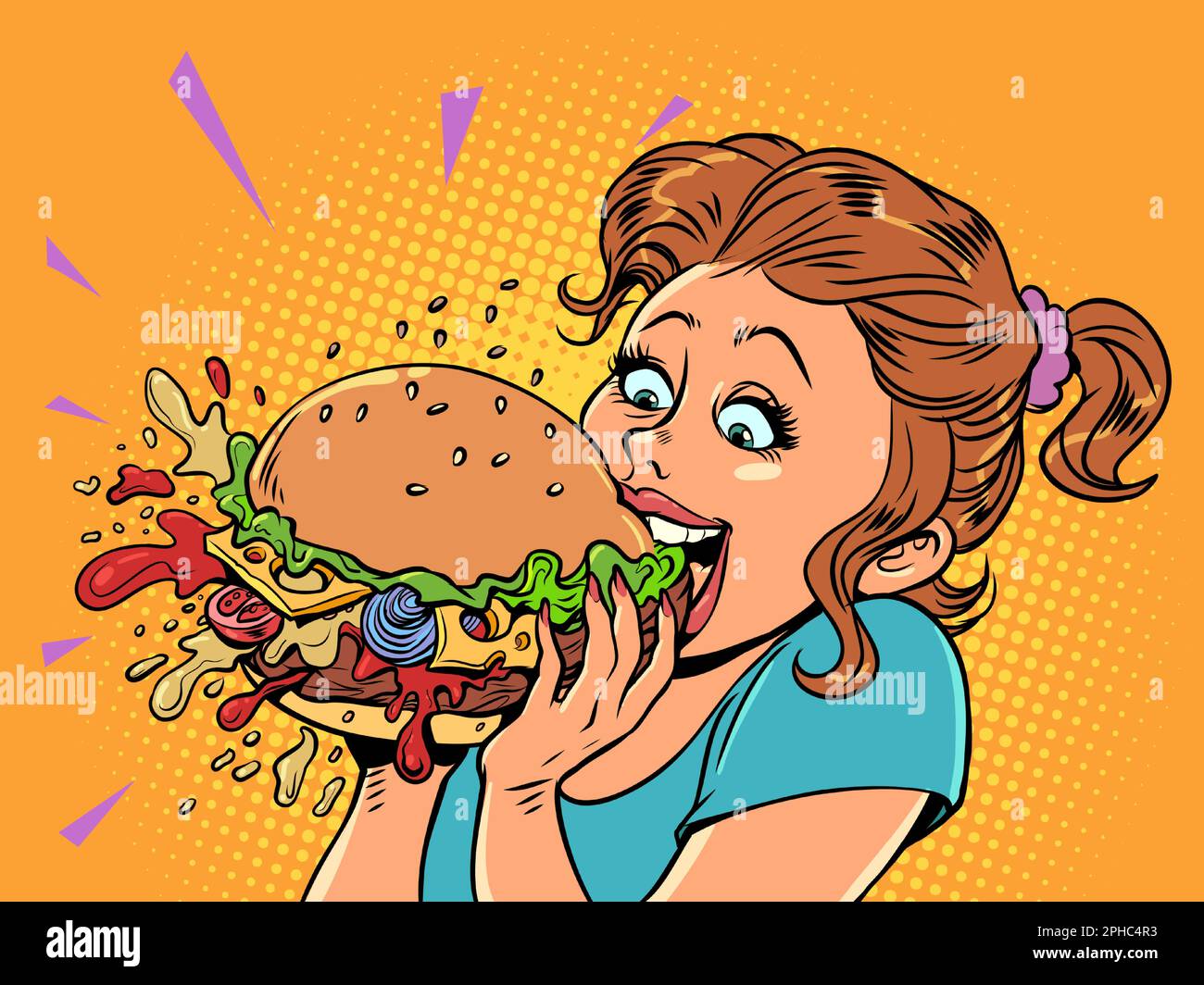 Fast food consumption. The pleasure of a fast food burger. The girl ...