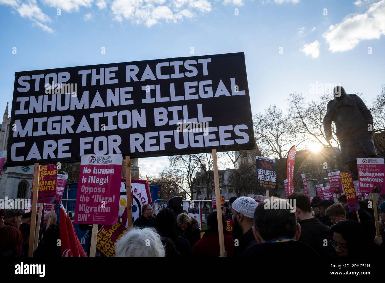 London, UK. 27 March 2023. People by the statue of Sir Winston ...