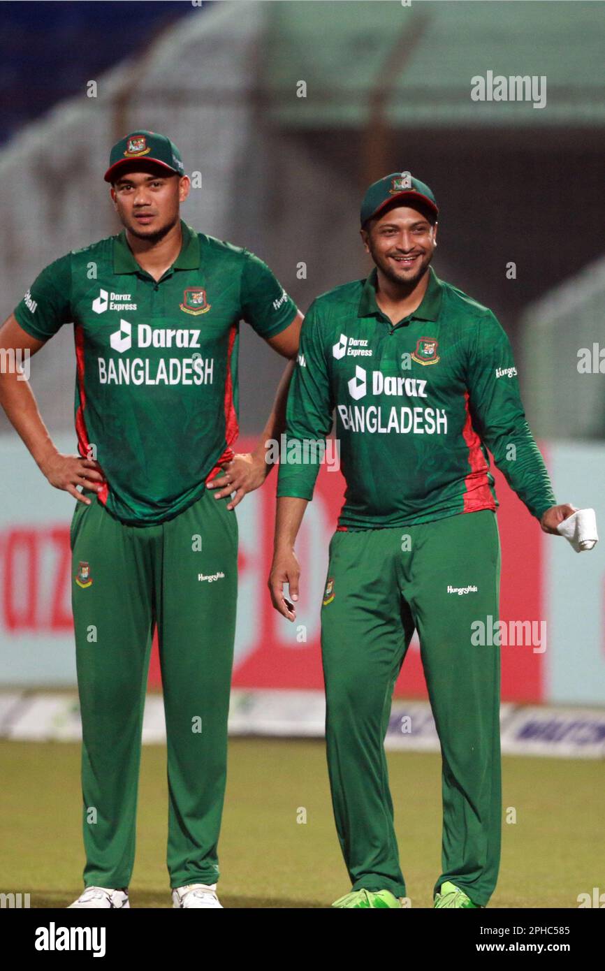 Taskin Ahmed (L) and Shakib Al Hasan as Bangladesh win against Ireland by 22 runs (DLS method ...
