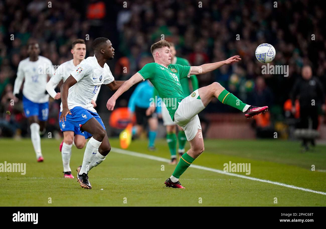 Republic of Ireland's Evan Ferguson attempts to control the ball under ...