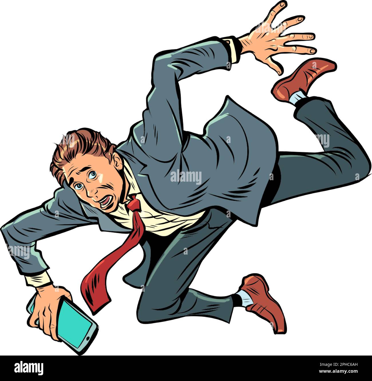 A man in a business suit with a phone falls down in a hopeless ...