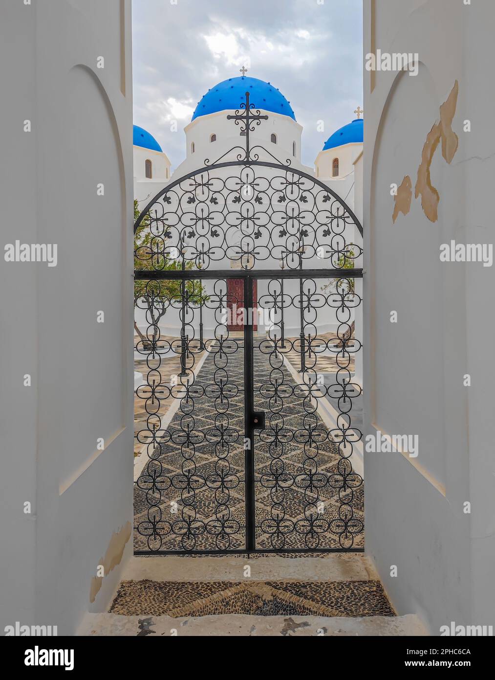 Traditional Greek church in Perissa, Santorini, Greece. Church of Holy ...